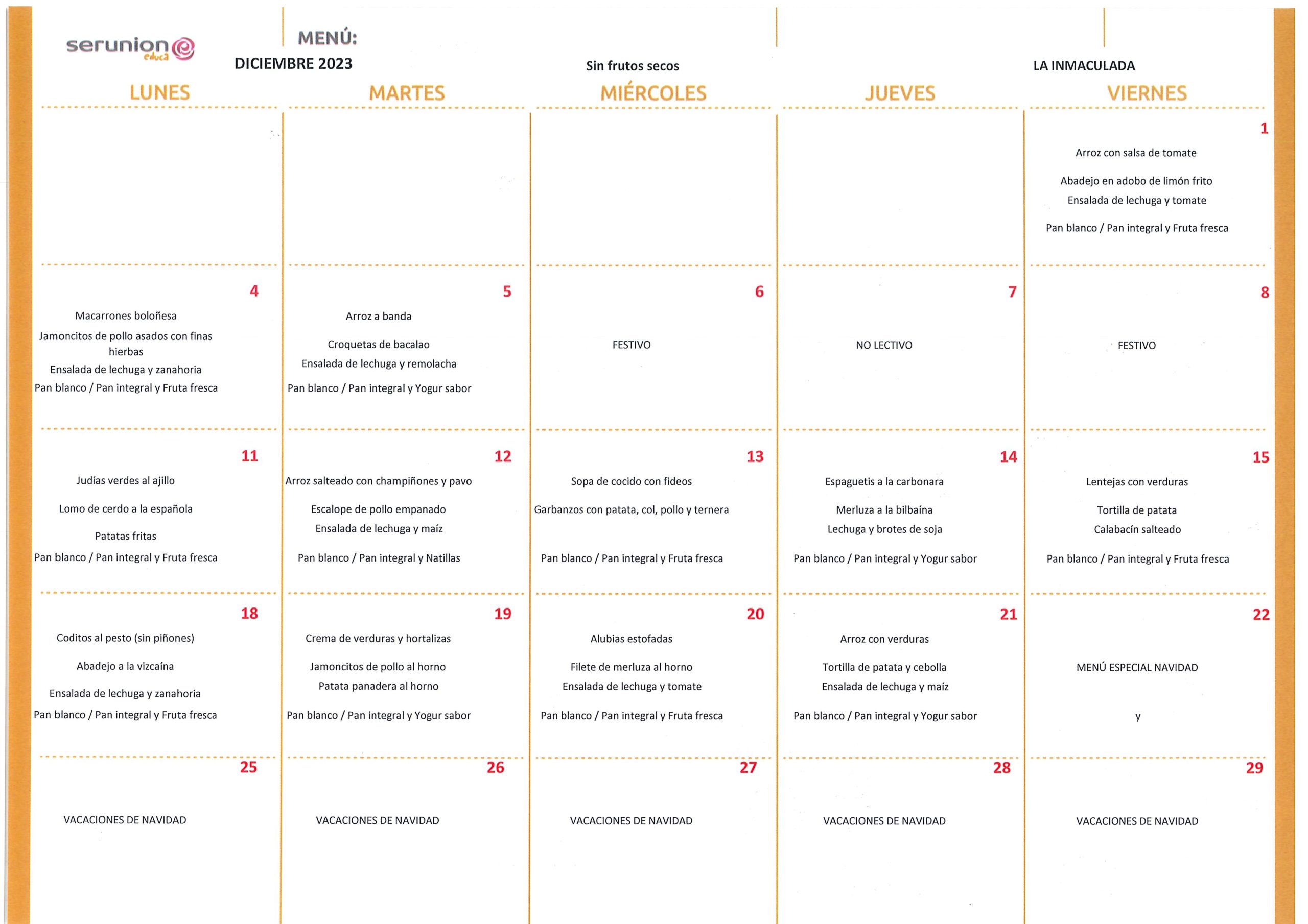 Menú escolar | Colegio La Inmaculada Puerta de Hierro